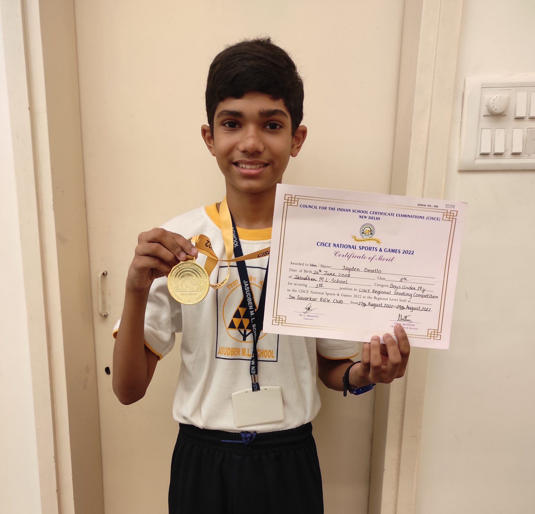 Gold Medalist Jayden D’Mello - Jasudben M.L. School Khar